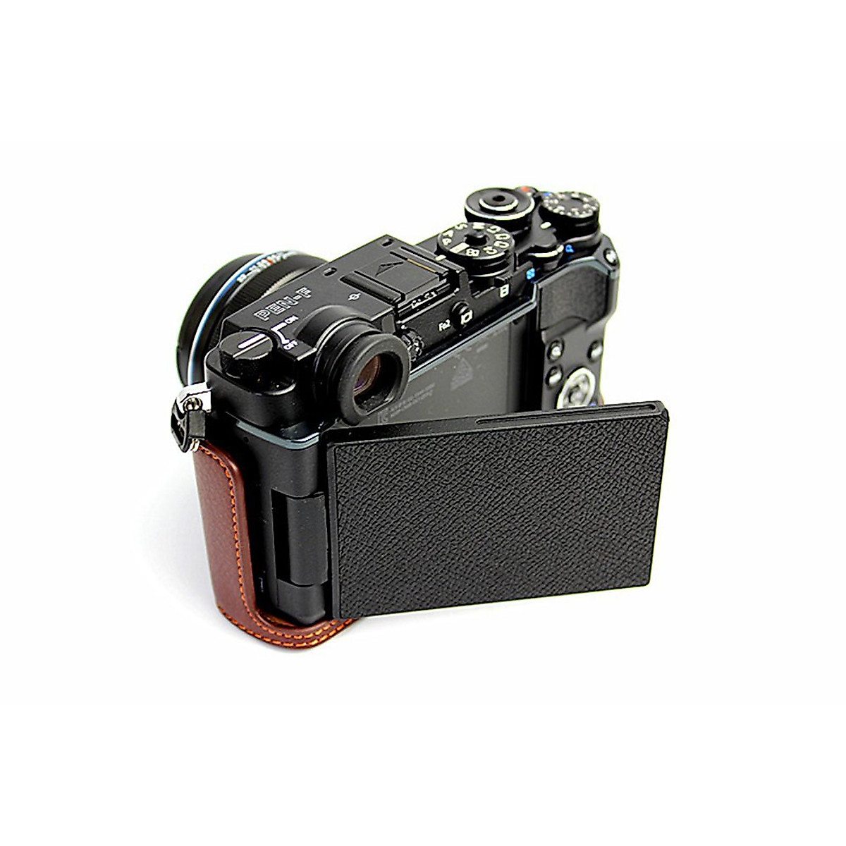 PEN-F Case, BolinUS Handmade Genuine Real Leather Half Camera Case Bag Cover for Olympus PEN-F Bottom Opening Version + Hand Strap - Coffee