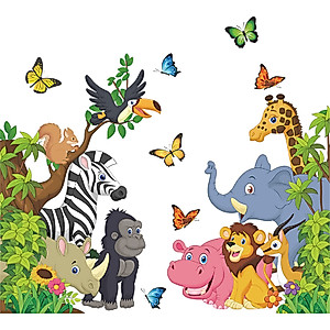 W-YANG Forest Animal Tree Wall Decals Elephant Zebra Giraffe Hippo Butterfly Lion Wall Sticker Great for Baby Nursery Kids Bedroom Playroom Living Room (Cartoon Forest Animal), Bright