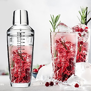 Tiawudi 23oz Glass Cocktail Shaker Set, 4PCS Bartender Kit, Martini Mixer Shaker with Built-in Strainer, Measuring Jigger, Cocktail Muddler & Mixing Spoon, Bar Tool Set for Bartender and Home Use