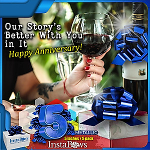 Insta Bows Pull String Large Gift Bows 5 Big Blue Gift Bows Perfect for Christmas and Birthday Presents Metallic Look and Shine 5 (Five) Pack of Big Bows That Measure 5 Inches Wide