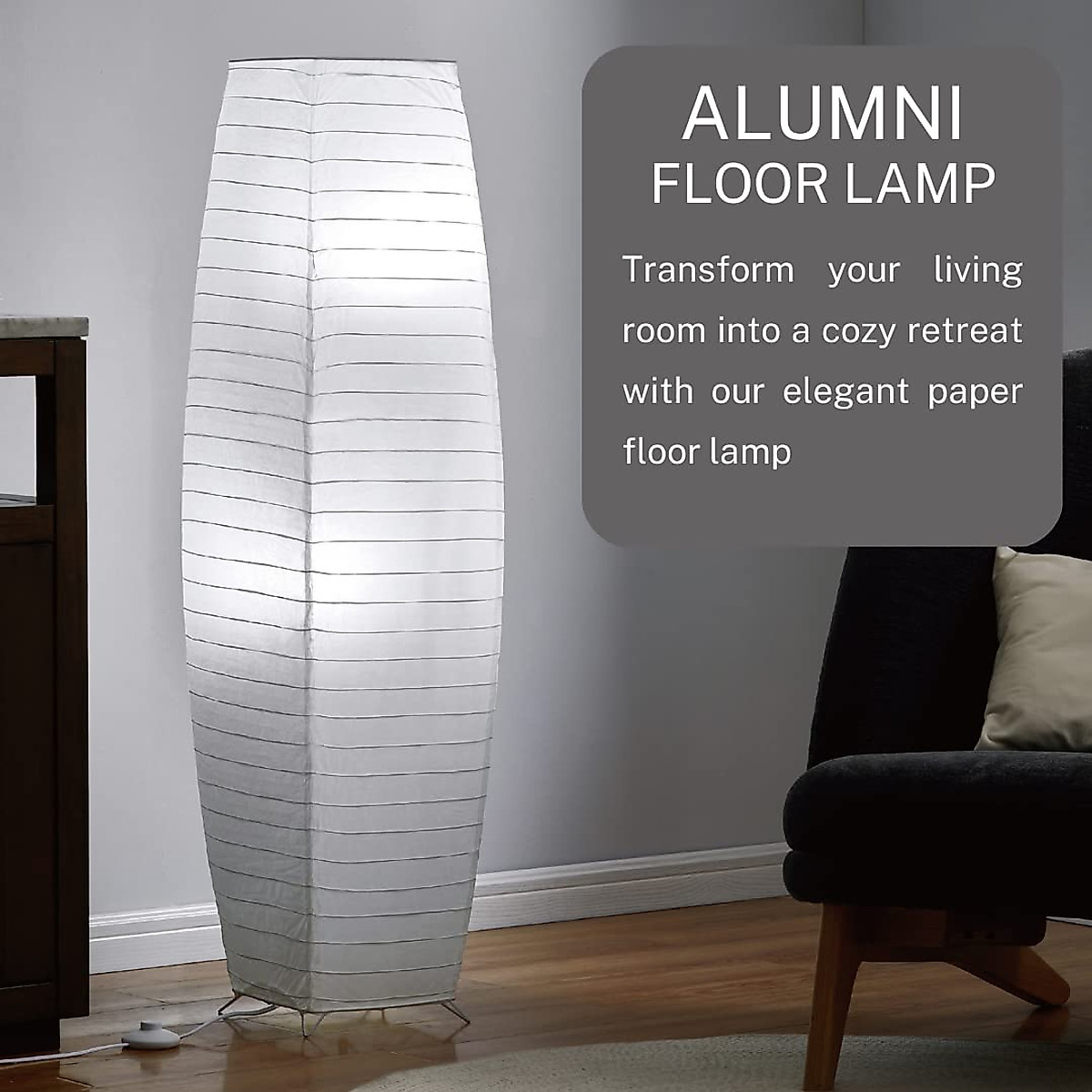 LIGHTACCENTS Japanese Style Rice Paper Floor Lamp - 50 Inches Tall, White Paper Shade, Chrome Base, On/Off Foot Switch - Ideal for Living Room