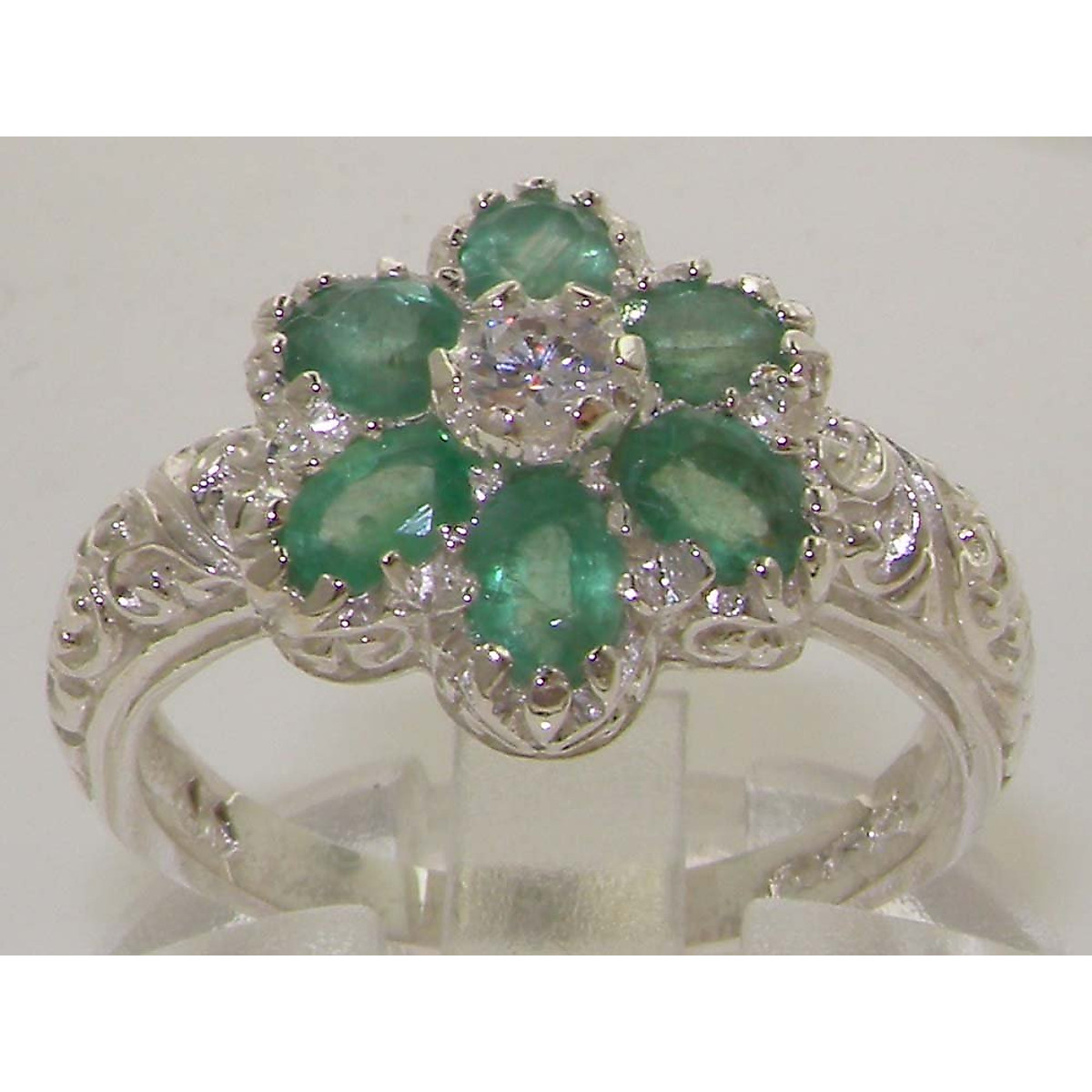 LetsBuyGold 925 Sterling Silver Real Genuine Emerald & Diamond Womens Cluster Ring - Size 11 (0.09 cttw, H-I Color, I2-I3 Clarity)