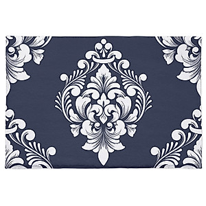Door mat Door Mats Bath Rugs Classic Damask Flower on Navy Blue,Soft Fluffy Doormats Non Slip Carpet White Floral Shadow,gy Fuzzy Area Throw Rug for Kitchen/Bathroom/Bedroom/Living Room 18x30in