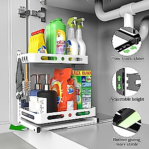 Under Sink Organizer, 2 Tier Pull-Out Cabinet Organizer for Kitchen Bathroom Under Sink Organizer and Storage, Slide-Out Under Sink Organizer, Height Adjustable, White