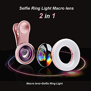 Macro Lens for iPhone and Android with Mini Clip Ring Light, Portable Rechargeable Dimming, for Smart Phone Photography, Camera Video Recording, VLOG
