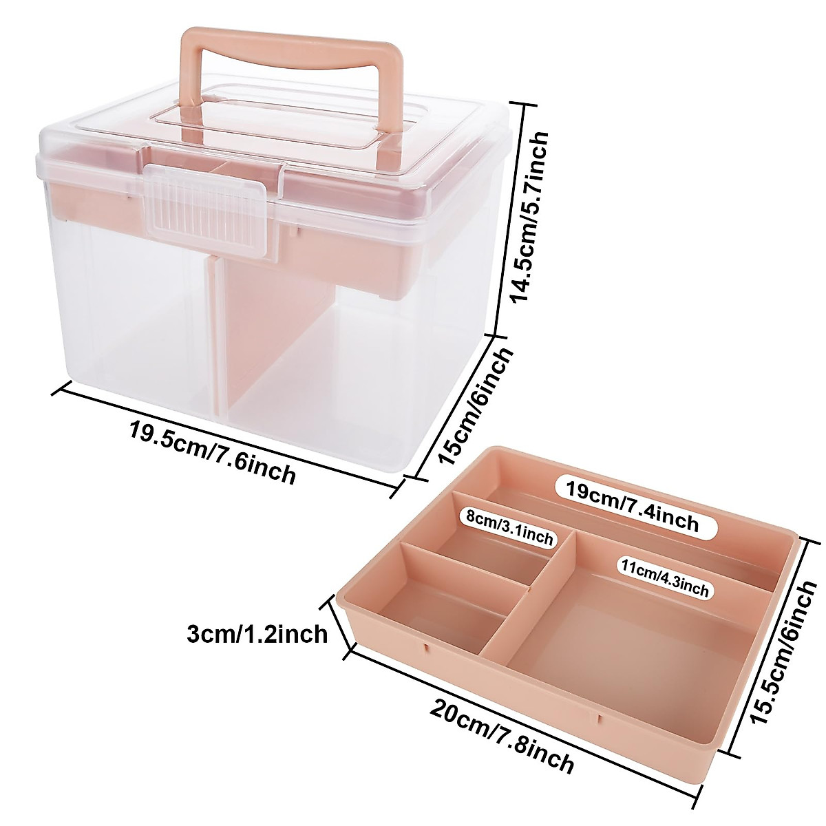 2 Pack Small Portable Plastic Storage Box for Beauty Ornaments Hair Nail Accessories, 2 Layer Cosmetic Case with Handle & Removable Tray & a Divider, Sewing Box Organizer, Art Box (Clear & Pink)