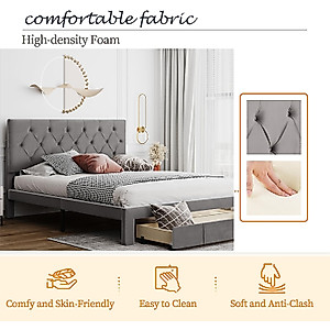 Full Size Velvet Upholstered Platform Bed Frames with Large Storage Drawer and Adjustable Headboard, Wood Slat Support for Bedroom Boys Girls Teens Adults, No Box Spring Needed (Full, Grey)