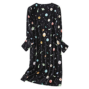 Zando Nightgowns for Women Cotton Night Gown Long Sleeve Sleepshirts Animal Cartoon Pajamas Women's Nightgowns&Sleepshirts Maternity Pajamas Women's Sleepwear Long Black Planet X-Large