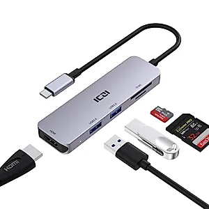 ICZI USB C Hub, 5 in 1 USB C Adapter with 4K HDMI, 2 USB-A 5Gbps Data Ports, SD/TF Card Reader, Thunderbolt 3 Compatible USB C Dongle for MacBook Pro/Air and More USB-C Devices