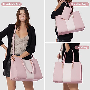 LOVEVOOK Laptop Bag for Women, Large Computer Tote Bag Handbag Shoulder Bag With Clutch Purse, Business Work Briefcase Travel Bag, 2 PCs 15.6-inch, Pink-White