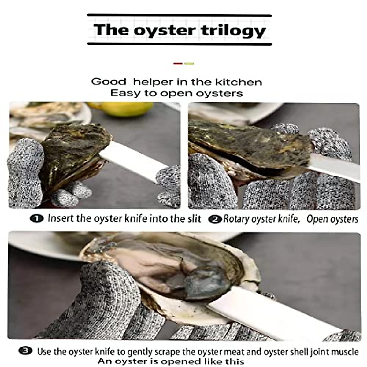 ohsuni Oyster Shucking Knife Oyster Knife, Set of 2 Oyster Shucker with Premium Wood-handle and 1 Pairs Level 5 Cut Resistant Gloves, (2Knifes+1Glove)