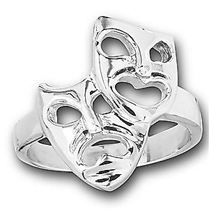 Fantasy Forge Jewelry Comedy Tragedy Masks Ring Womens Mens Silver Stainless Steel Actor Drama Theater Band Sizes 6-10 (8)