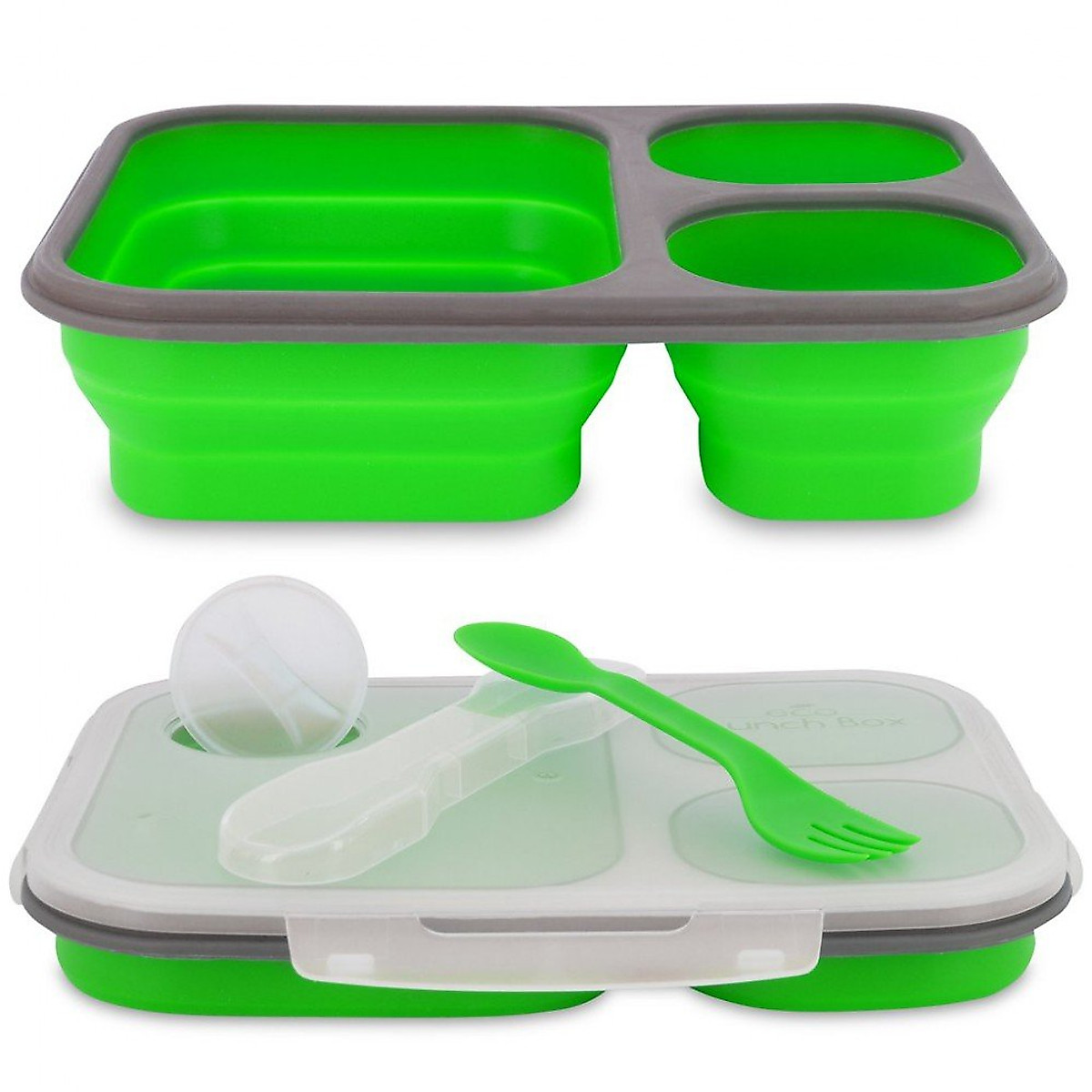 Smart Planet EC-34 Large 3-Compartment Eco Silicone Collapsible Meak Kit Lunch Box, Green