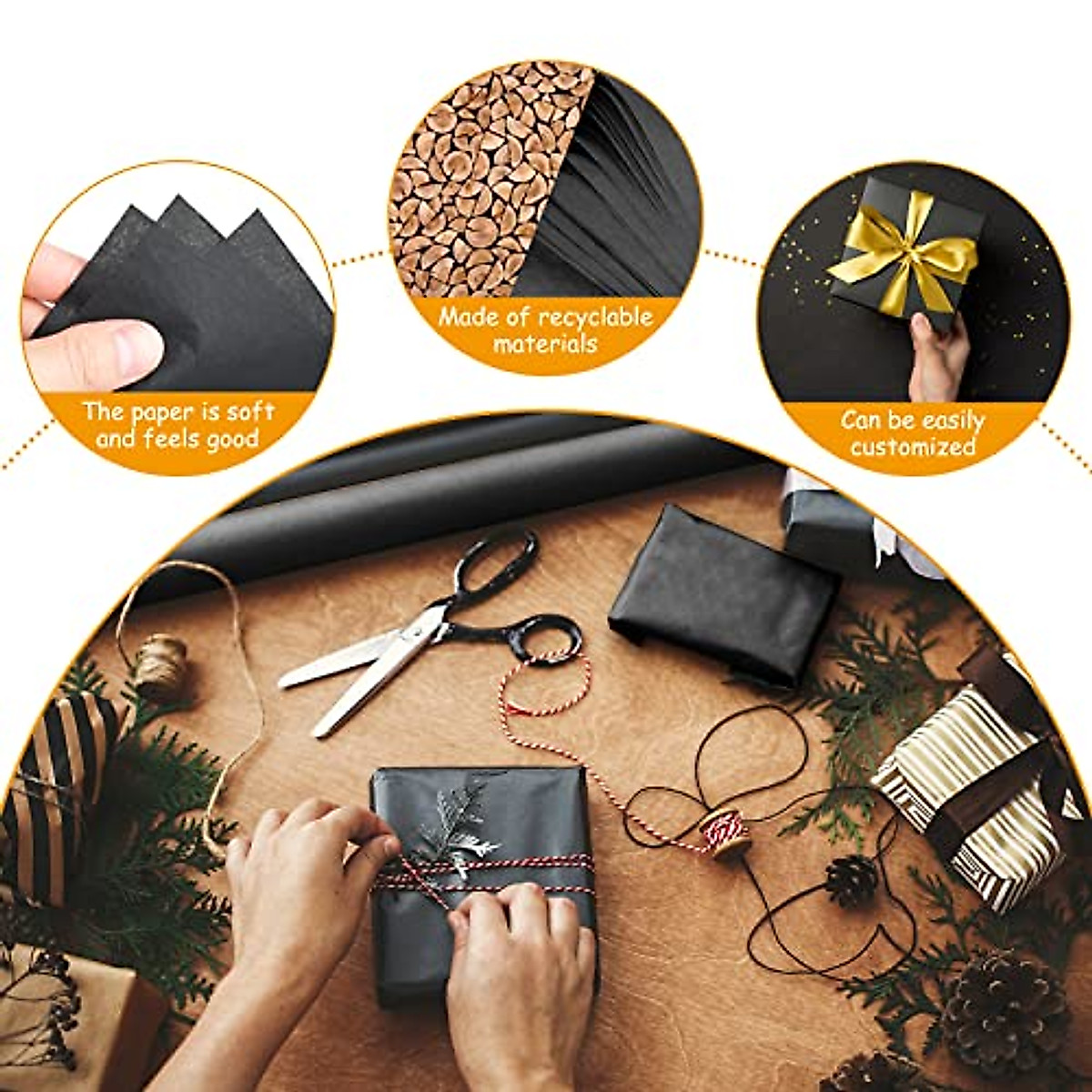 Custry 60 Sheets Black Tissue Paper Gift Wrap Paper Bulk for Graduation, Birthday Party,Arts Crafts,DIY,Halloween(14 x 20 Inch)