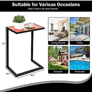 Tangkula C-Shaped Outdoor Side Table, Patio Snack Table w/Ceramic Top & Anti-Rust Metal Frame, Small End Table for Couch, Sofa & Bed, Outdoor & Indoor Accent Table for Living Room, Poolside, Balcony