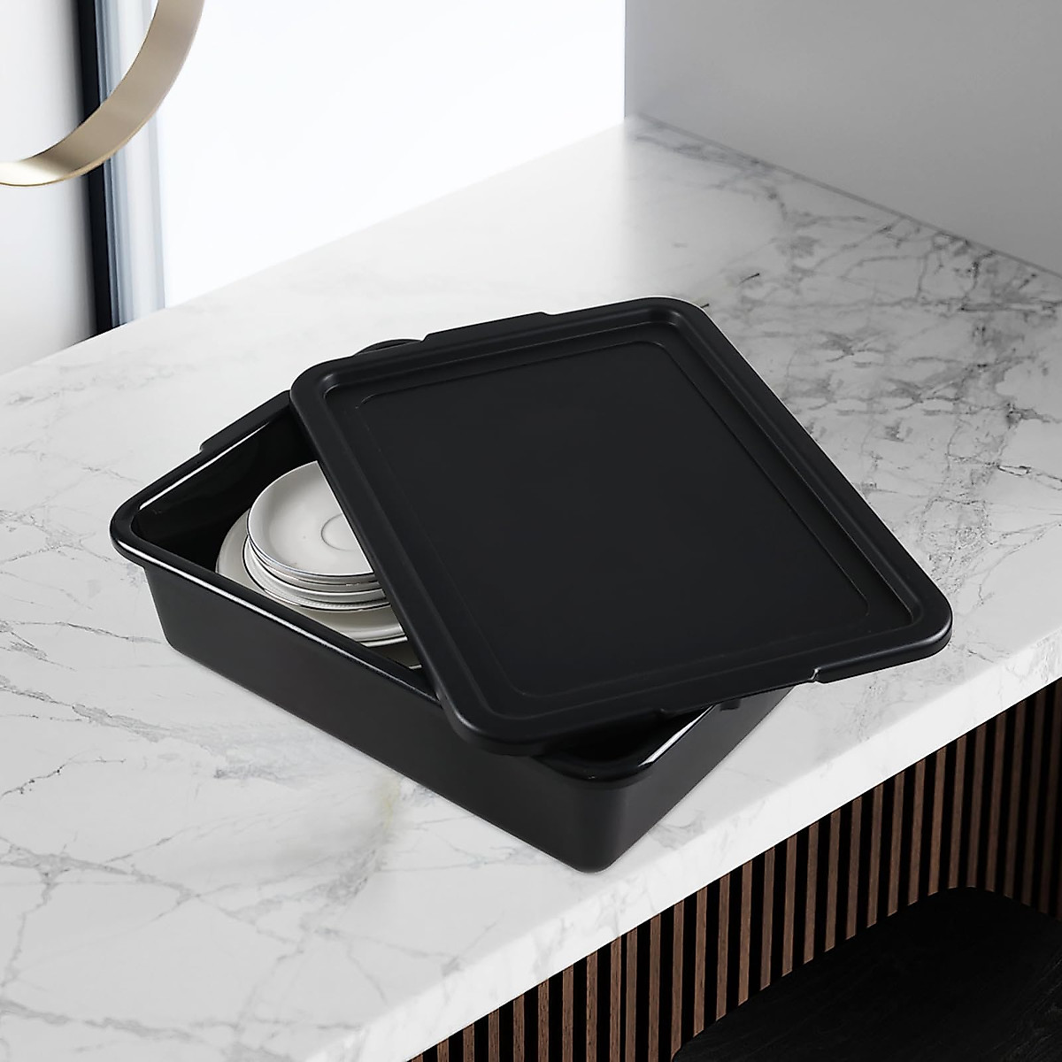 Aninhao 3 Pack 13 L Food Service Bus Tubs with Lids, Commercial Utility Bus Box, Black