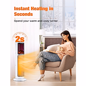 Tower Space Heater for Room, Indoor Electric Space Heater, 3 Modes & Thermostat, 90° Oscillation, 12H Timer, Remote, Overheat & Tip-Over Protection, 3D Flame, Space Heater for Office/Home/Indoor