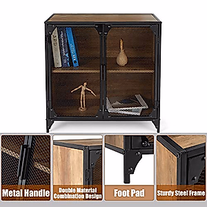 MELLCOM Buffet Cabinet, Industrial Liquor Cabinet with Metal Mesh 2 Doors, Wooden Freestanding Storage Cabinet for Home, Living Room and Kitchen， Brown