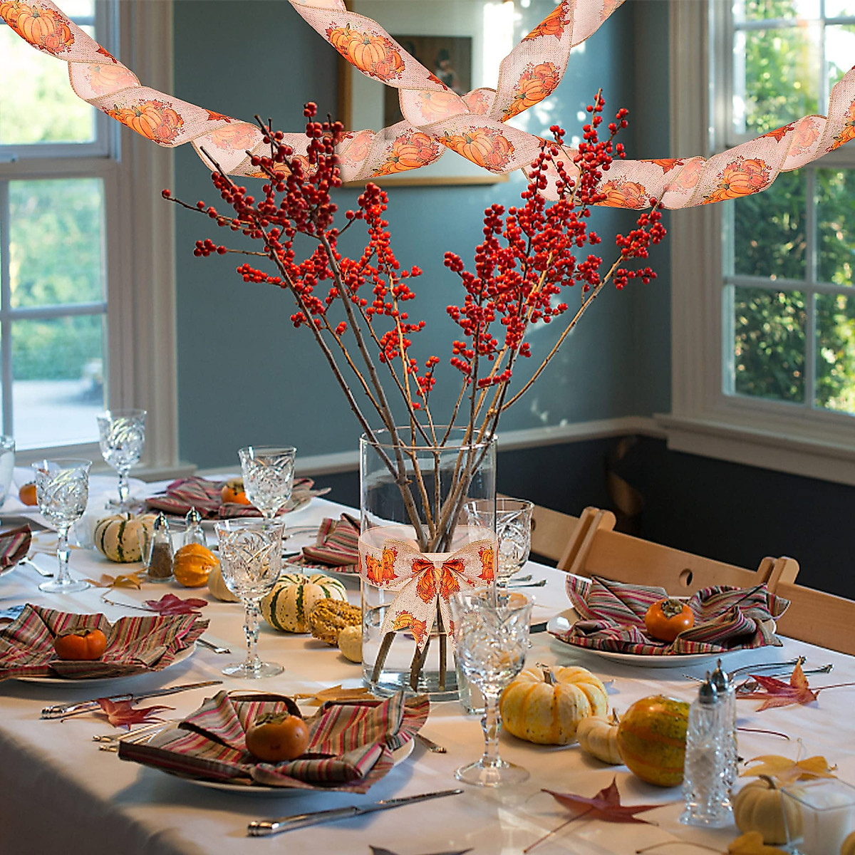 6 Rolls Fall Burlap Ribbons 2.5 Inch Wired Edge Pumpkin Maple Leaf Ribbon Rustic Harvest Truck Orange Plaid Ribbon for Autumn Thanksgiving Gift Wrapping DIY Wreath Crafts, 30 Yards