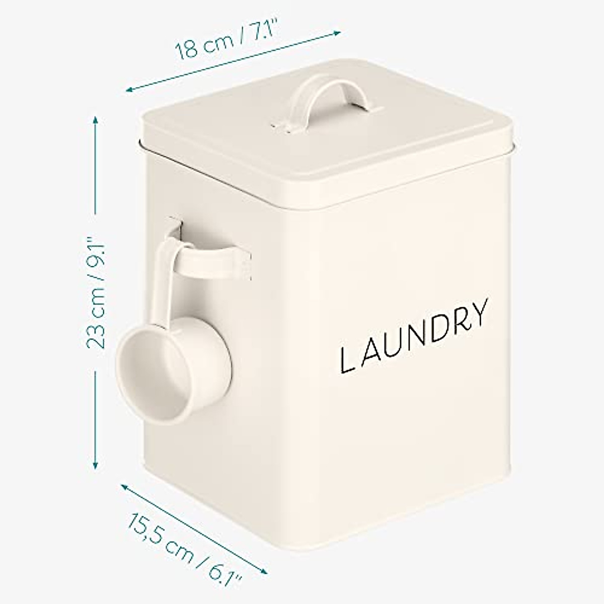 Navaris Laundry Detergent Container with Scoop - Powder Laundry Soap Tin - Vintage Style Metal Organizer Canister Box with Lid and Handles - White