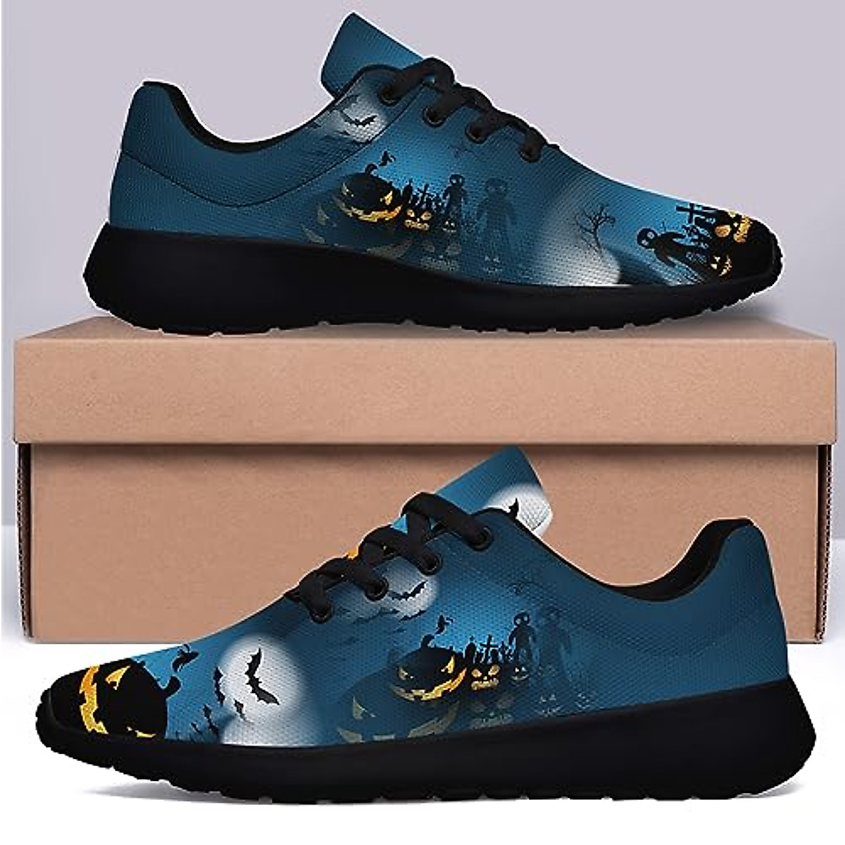 Men Women Halloween Pumpkin Shoes Unisex Fashion Breathable Running Sneakers Lightweight Casual Sports Shoes Black Size 9