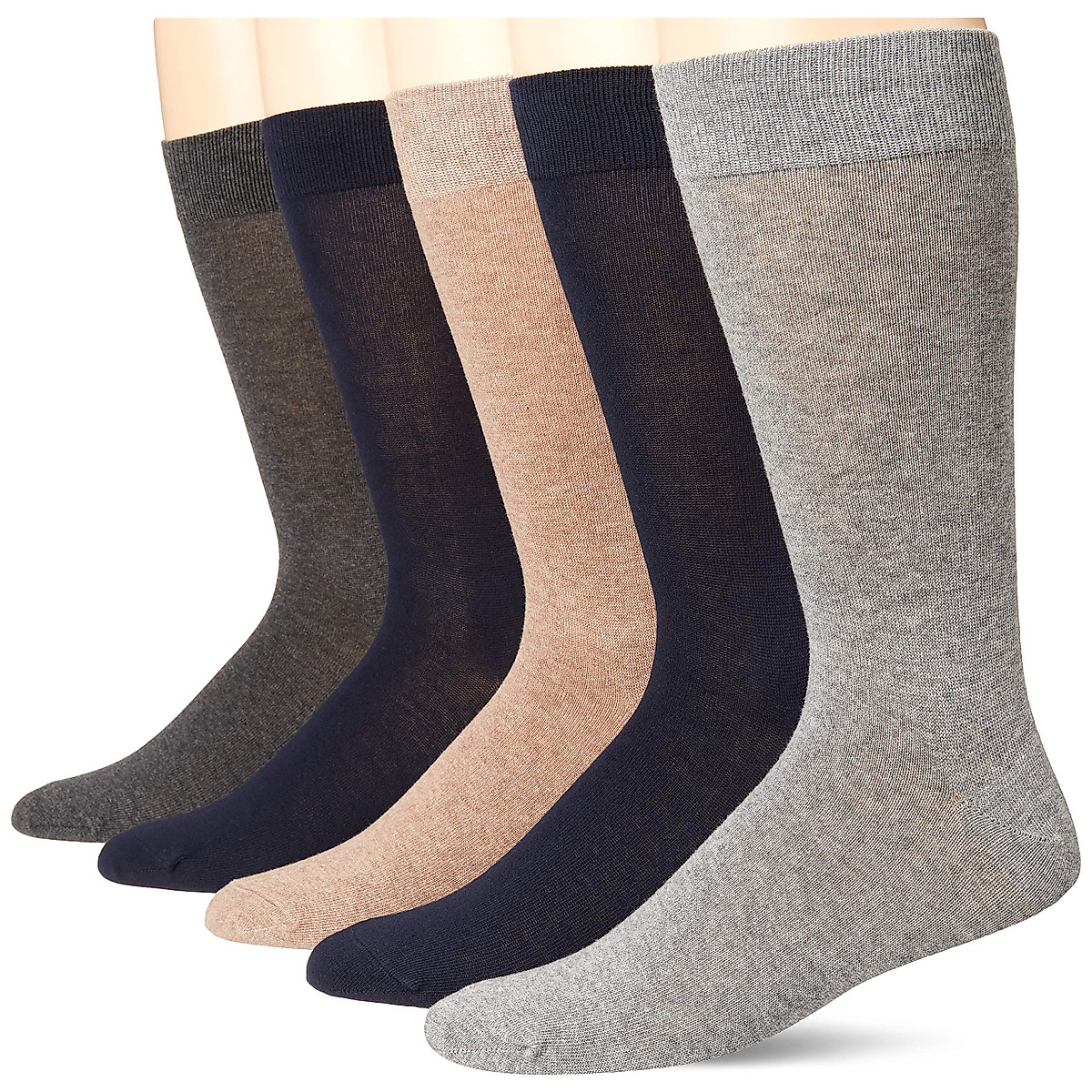 Amazon Essentials Men's Dress Socks, 5 Pairs, Size 8-12, Navy/Grey/Tan