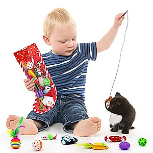 ZALALOVA Christmas Stocking Cats Toys Gifts Set, 12 Pcs Xmas Cat Toys Gifts Includes Interactive Toys Squeaky Toys, Balls Christmas Candy Bell Cat Teaser Penguin Santa Shape Toys for Small Pets