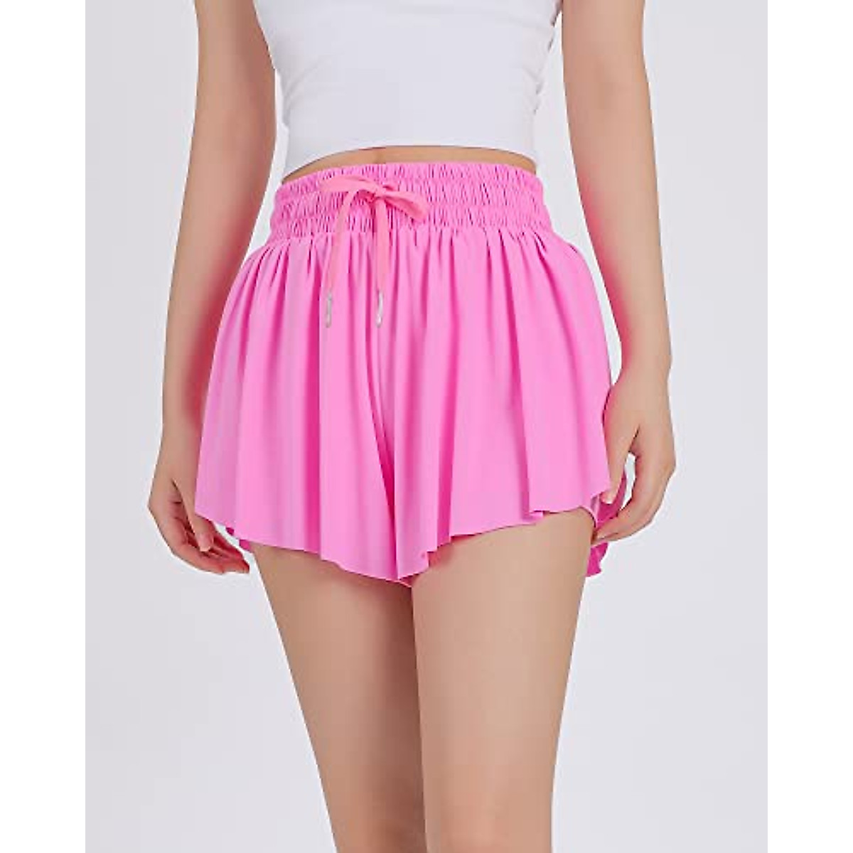 JOCMIC Girls Flowy Shorts, 2 in 1 Preppy Butterfly Shorts with Spandex Liner for Cheer Athletic Gym Kids Casual Clothes Rose Red 12 Years