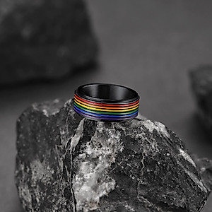 Personalized Custom LGBT Pride Ring Rainbow Flag Enamel Gay Lesbians Wedding Band 8mm Black Steel Spinner Ring for Men Women