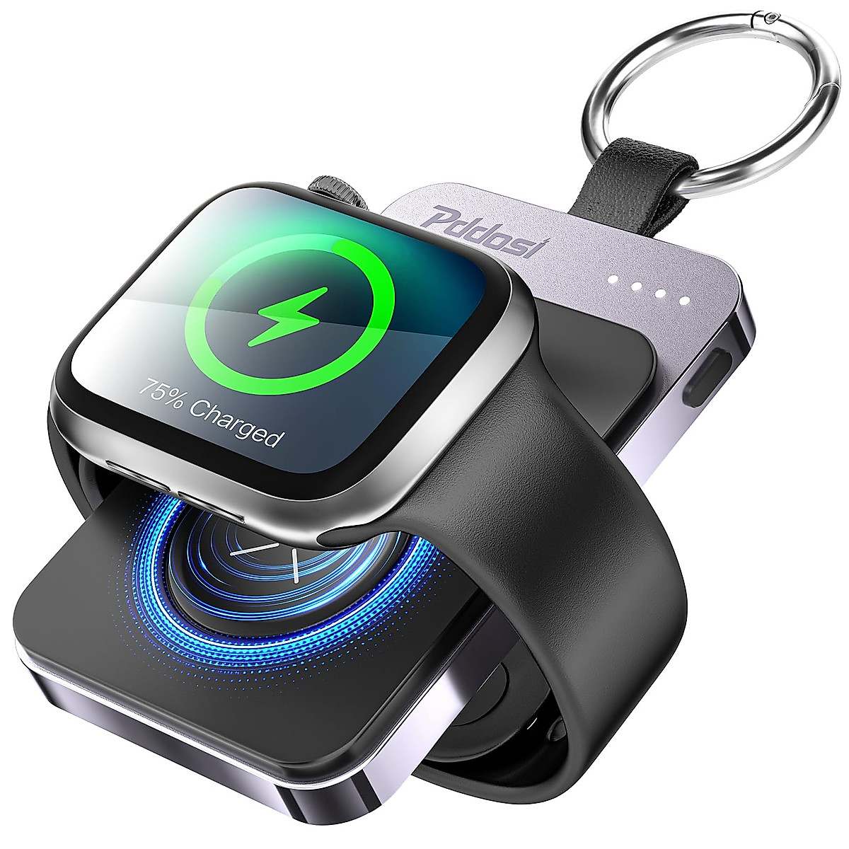 Pddosi Portable Charger for Apple Watch, 1500mAh iWatch Charger Travel, Magnetic Portable Watch Charger Keychain, Portable Wireless Charger for iWatch Series 10/9/8/7/6/5/4/3/2/SE/Ultra (Black)