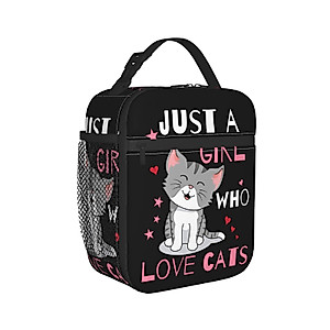 Kaeddi Cute Cat Lunch Bag Large Capacity Heat Insulated Lunch Box Leakproof Durable Portable Reusable Handbags Thermal Cooler Tote Bag, Just A Girl Who Loves Cats (One Size, Black)