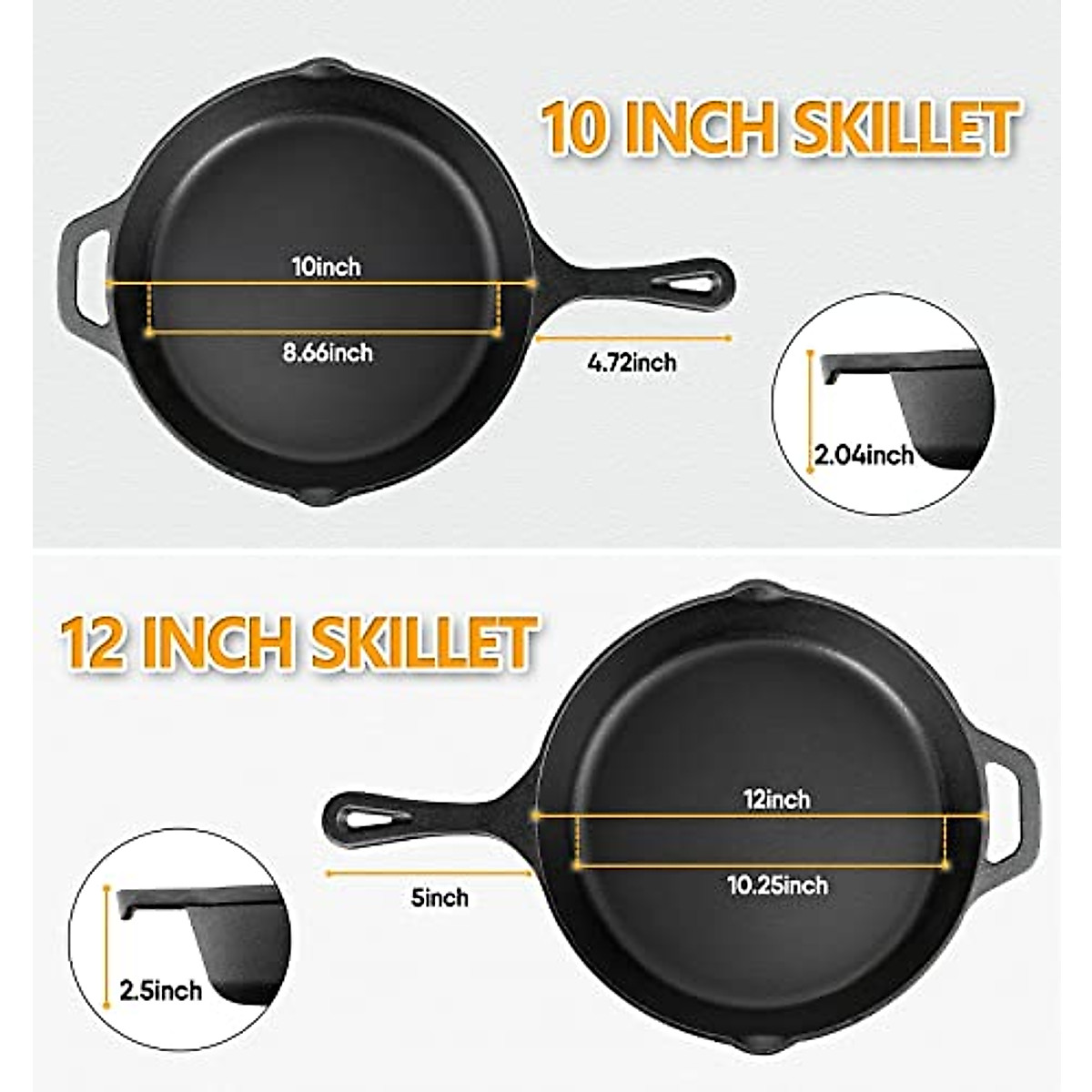 MICHELANGELO Cast Iron Skillet Set 8 Inch & 10 Inch &12 Inch, Preseasoned Cast Iron Skillets With Lid, Iron Skillets for Cooking with Silicone Handle & Scrapers, 8'' & 10" & 12"