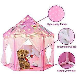 Gappys Princess Castle Tent with Star Light for Kids Children Girls Boys Baby 3/4/5/6/7/8/9 Year Old- Large Playhouse Funny Play Fairy Tent - Indoor and Outdoor Games (Pink), 55x53 inch