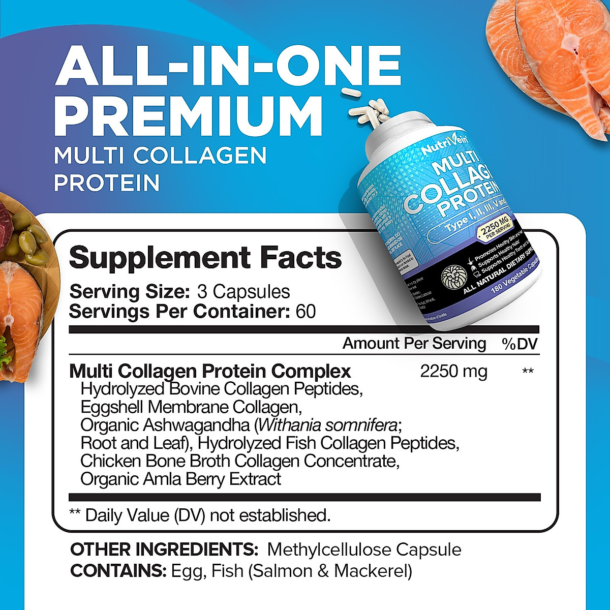 Nutrivein Multi Collagen Pills 2250mg - 180 Collagen Capsules - Type I, II, III, V, X - Anti-Aging, Healthy Joints, Hair, Skin, Bones, Nails, Hydrolyzed Protein Collagen Peptides for Woman and Men