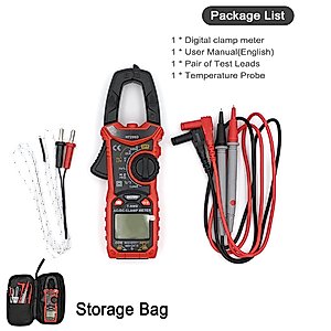 AC/DC Digital Clamp Meter T-RMS 6000 Counts, Multimeter Voltage Tester Auto-ranging, NCV AC DC Current Voltage Resistance Capacitance Frequency Diode Temperature Measure Tester HT206D