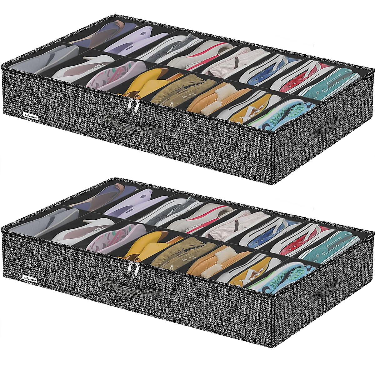 Friday Monkey Large Sturdy Thicken Shoe Storage Box, Clear Shoe Organizer for Closet Underbed, Folding Shoe Rack Sneaker Bin Holder Container Display Case, 16x2 Pairs, Linen-like Black, ZMXAUBS16P2