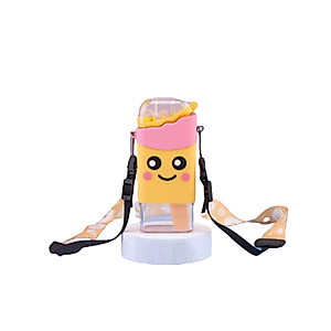 Cute Water Bottle with Straw, Kawaii Water Bottle Drinking Bottles Portable Sports Bottle with Shoulder Strap for School Office(01)