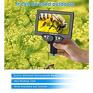 Koolertron 7" LCD Digital Microscope with 32G TF Card,12MP 1-1200X Magnification Handheld USB Microscope Camera,8 LED Light,Rechargeable Battery Microscope for Coins/Plant/Insect/Rock/PCB Soldering