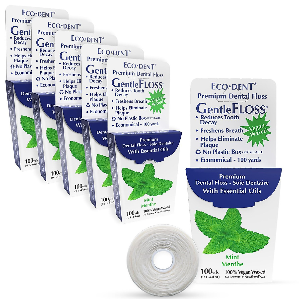 Eco-Dent GentleFloss Dental Floss, Waxed, Mint - Floss with Vegan Plant-Based Wax, Recyclable Cardboard Packaging, 100 Yds Ea (Pack of 6)