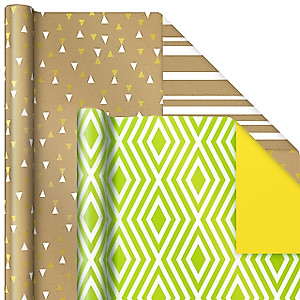 Hallmark Reversible Wrapping Paper Bundle (6 Rolls: 150 Square Feet Total) Stripes, Chevron, Solid, Black & White, Gold, Green, Orange, Blue for Birthdays, Holidays, Any Occasion