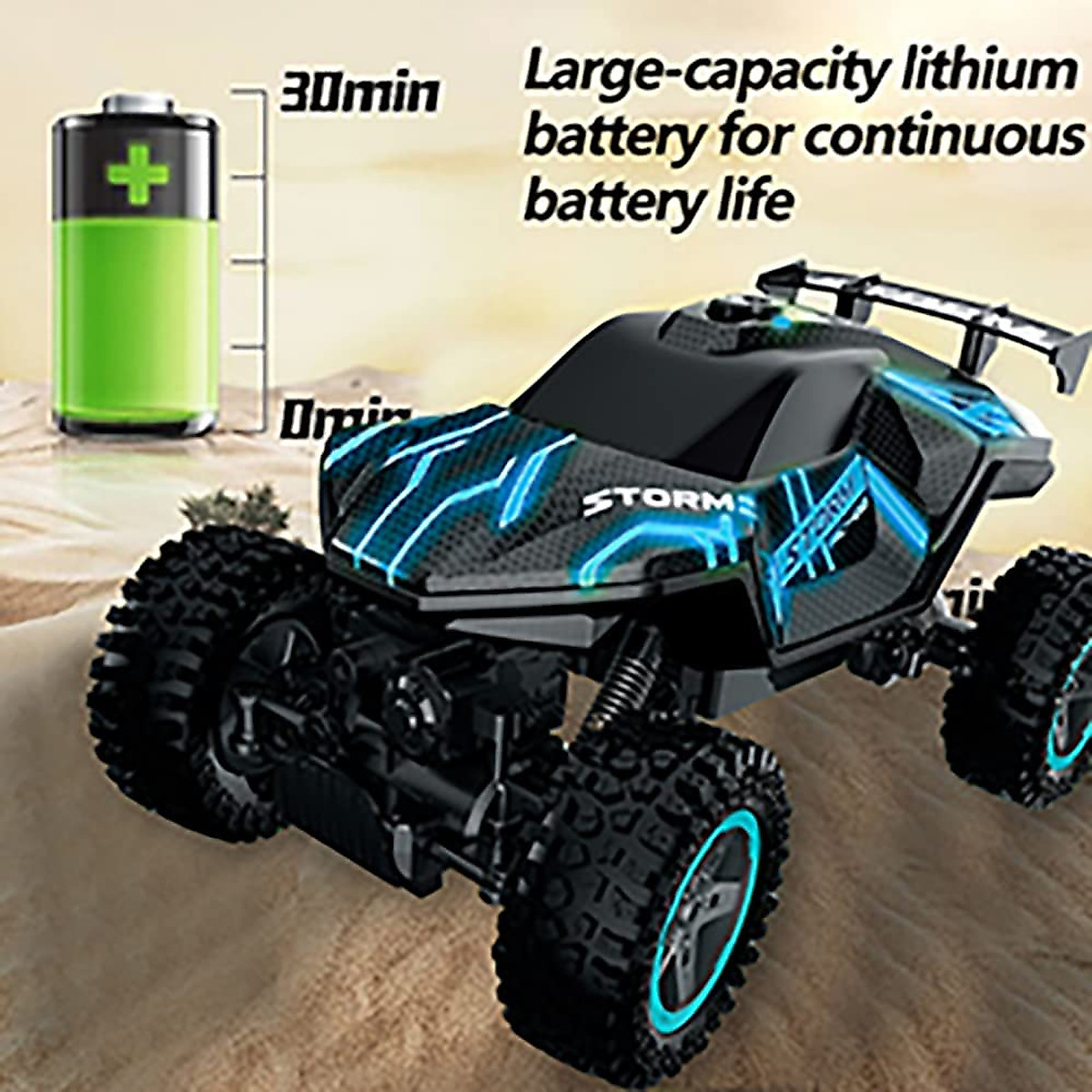 RC Cars Remote Control Car 1:16 4WD Off Road Rock Crawler, 2.4GHz All Terrain Monster Truck with Rear Fog Stream 5 LED Lighting Modes, 2 Battery for 60 Min Play, Toy Car Gift for Kids and Adults