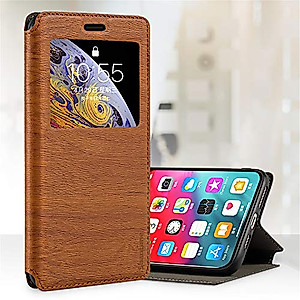 for iPhone 15 Case, Wood Grain Leather Case with Card Holder and Window, Magnetic Flip Cover for iPhone 15 (6.1”)