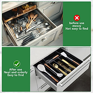Dntorx Utensil Drawer Organizer, Expandable Silverware Drawer Organizer Adjustable Kitchen Drawer Organizer Cutlery Drawer Utensil Tray Flatware Tray for Forks Spoons Knife Organizer(Large, Black)