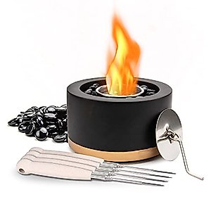 TKS Tabletop Fire Pit Indoor and Outdoor Use Fireplace with 4 Skewers Mini Personal Fire Pit Great for Roasting Marshmallows (Black/Gold)