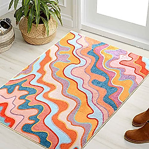 YoKii Vintage Abstract Small Area Rug 2x3 Faux Wool Hippie Aesthetic Colorful Striped Geometric Non-Slip Bathroom Rubber Backed Throw Rug for Kitchen Entryway Indoor Doormat, Orange and Blush