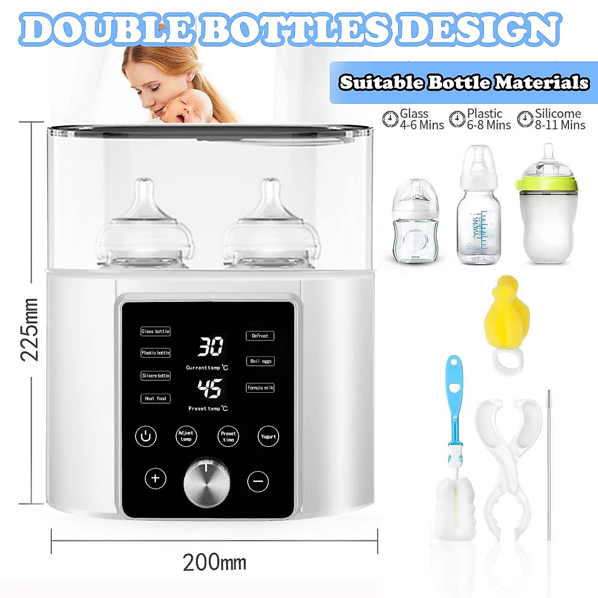 Portable Baby Bottle Warmer, 8 in 1 Milk Warmer of Breastmilk/Formula/Regular Milk, Food Heater&Defrost with LCD Display, Travel Double Bottle Warmer with Accurate Temperature Control