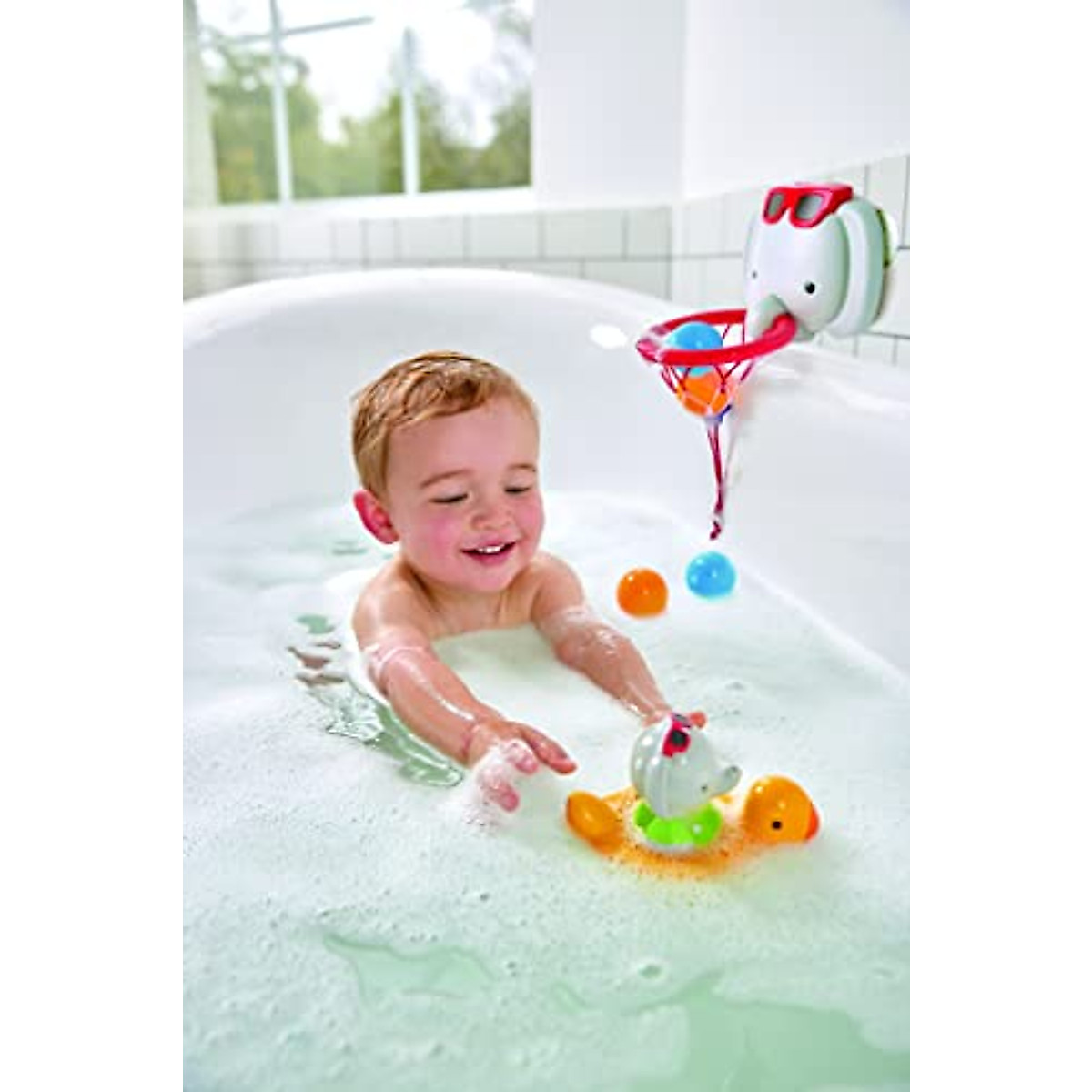 Hape Bath Time Basketball Elephant Pal | Bathtub Shooting Game, 1 Hoop with Suction Cups and 4 Balls, for Children 18 Months+