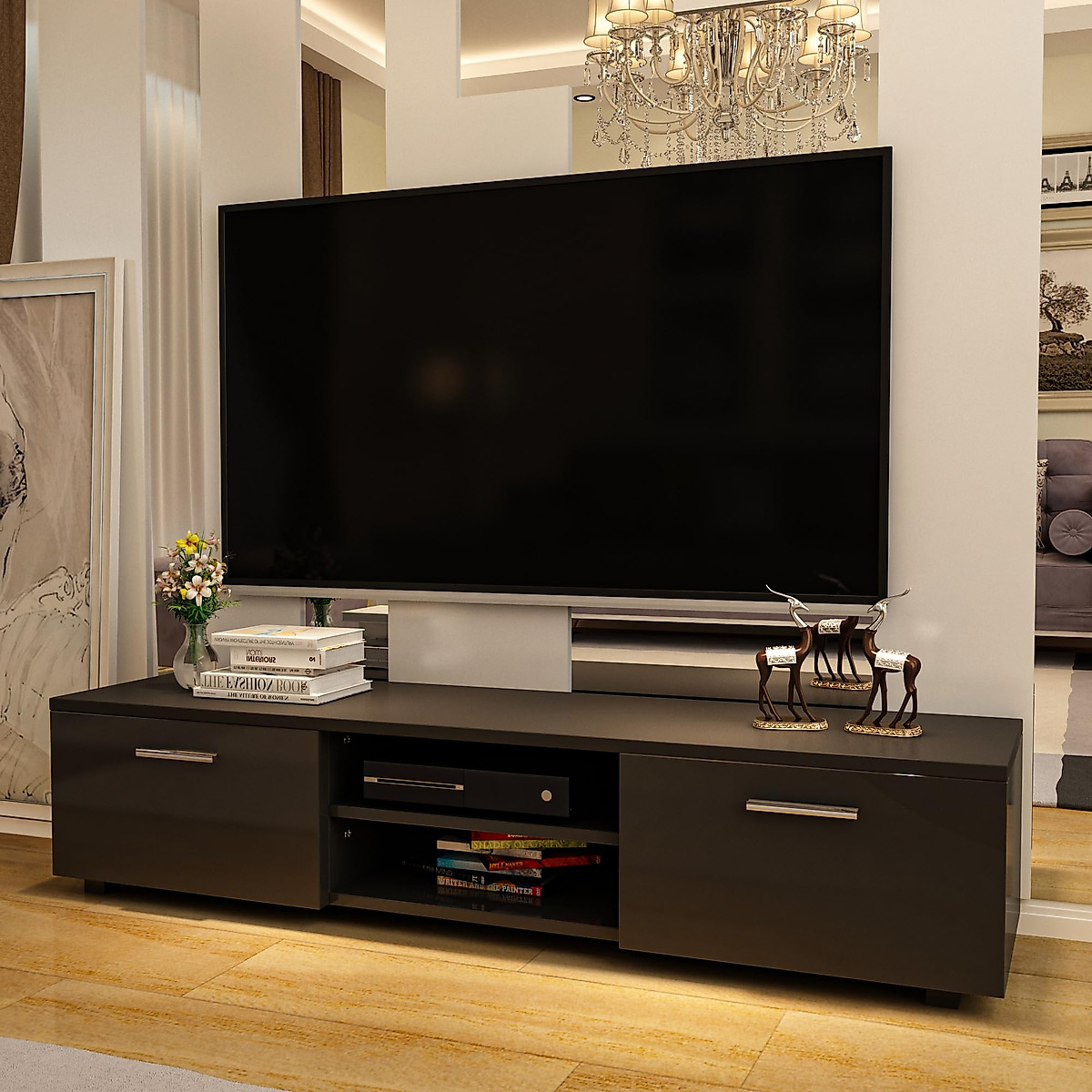 WERSMT Wood TV Stand, Modern 55 60 65 70 inch TV Stand, Entertainment Center with Storage, High Gloss TV Cabinet for Living Room, Black