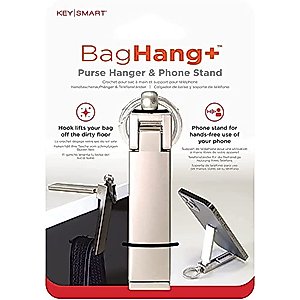KeySmart BagHang Plus - 2-in-1 Purse Hook for Table & Phone Stand - Bag Holder and Hanger for Table Tops - Keychain Purse Hanger for Desk - Easy to Clip and Strong Grip Carabiner - Stainless Steel