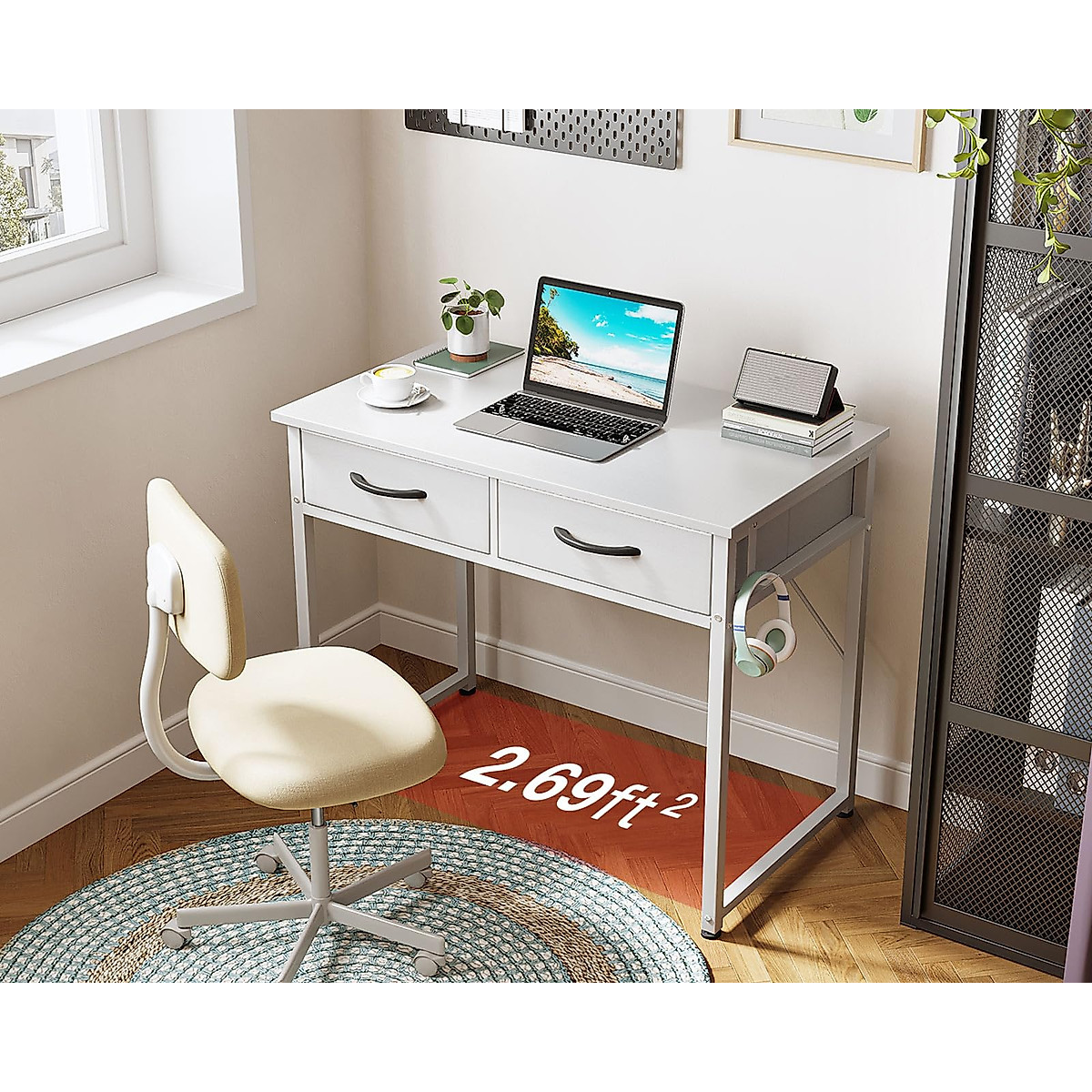 ODK Small Desk with Fabric Drawers- for Bedroom, White Vanity Desk with Storage, Home Office Computer Desk for Small Spaces, 32 Inch Modern Work Writing Study Table, White